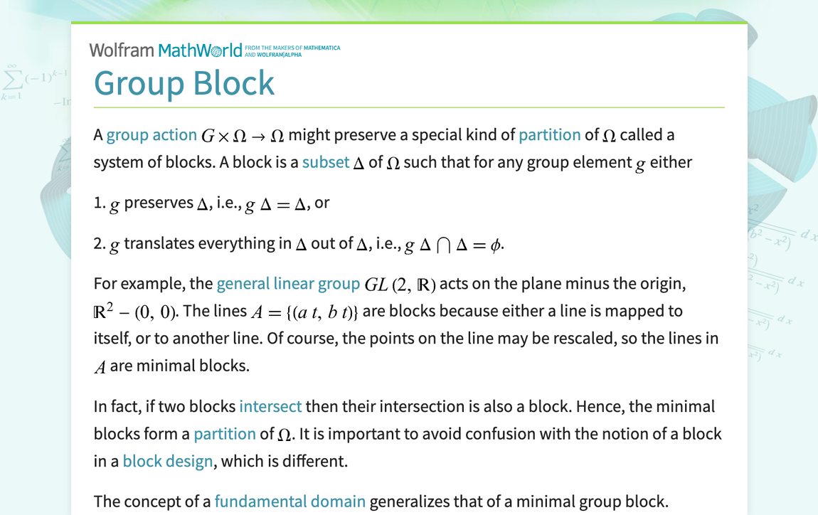 Group Block -- from Wolfram MathWorld