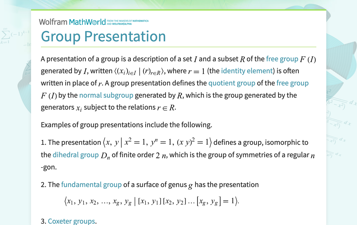 Group Presentation -- from Wolfram MathWorld