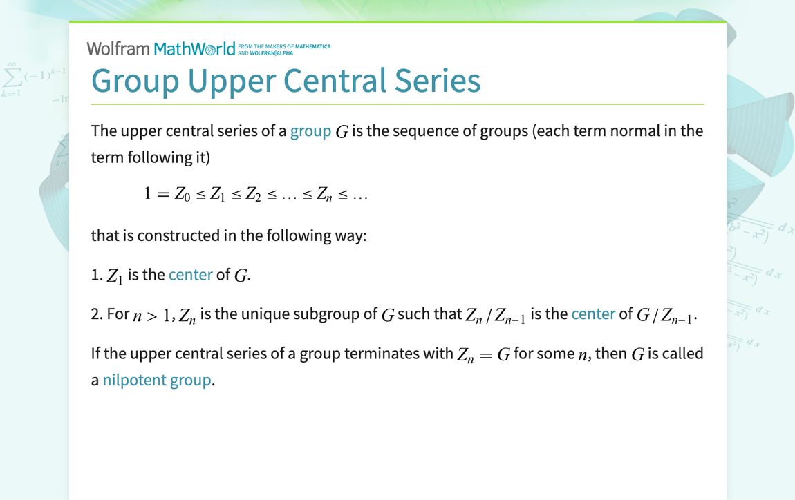 Group Upper Central Series -- from Wolfram MathWorld