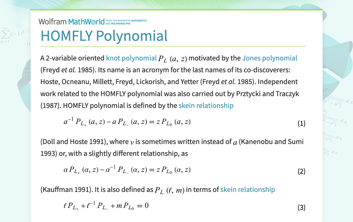 HOMFLY Polynomial -- from Wolfram MathWorld