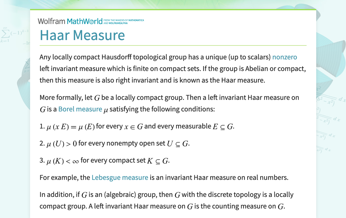 Haar Measure -- from Wolfram MathWorld