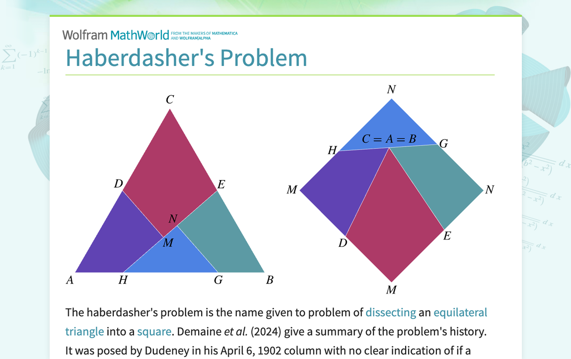 Haberdasher's Problem -- from Wolfram MathWorld