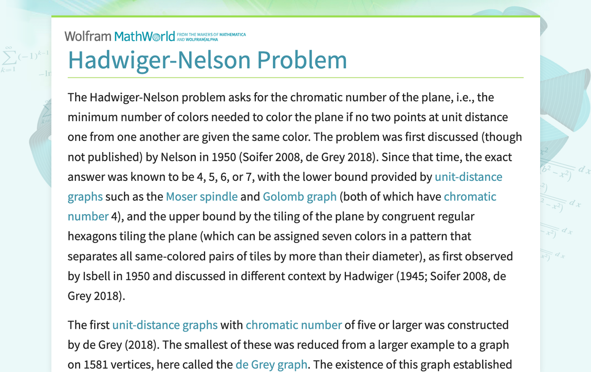 Hadwiger-Nelson Problem -- from Wolfram MathWorld