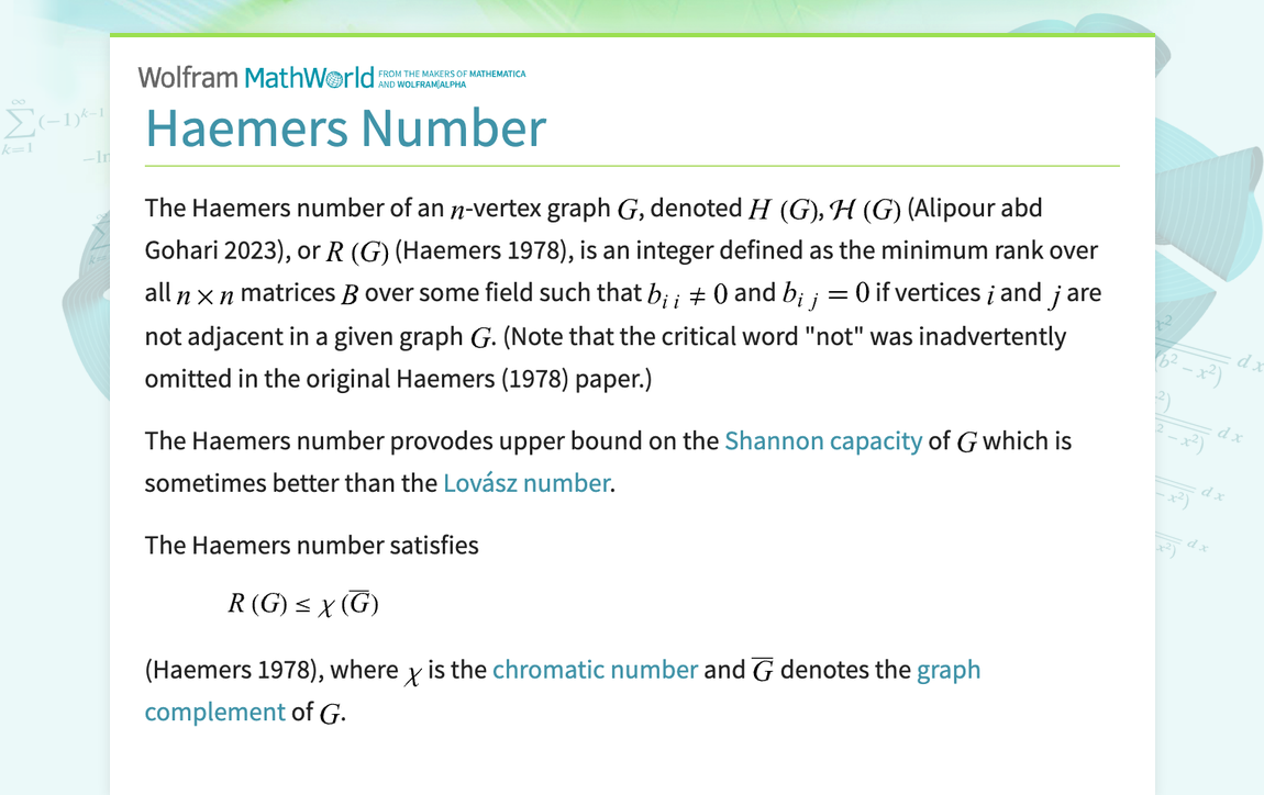Haemers Number -- from Wolfram MathWorld