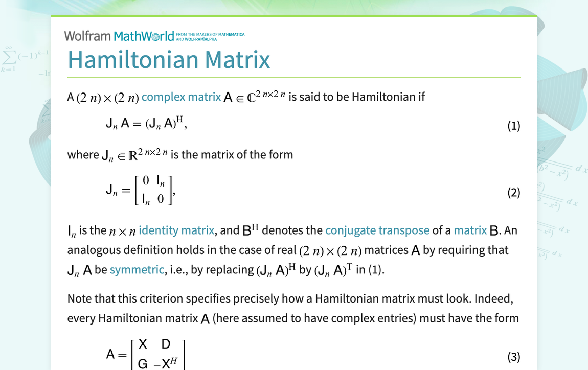 Hamiltonian Matrix -- from Wolfram MathWorld