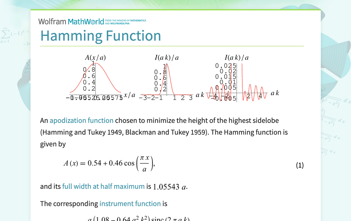 Hamming Function -- from Wolfram MathWorld