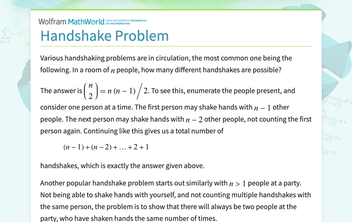 Handshake Problem -- from Wolfram MathWorld