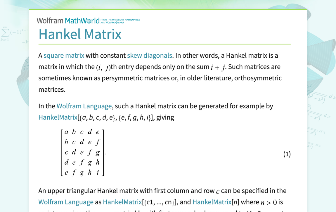 Hankel Matrix -- from Wolfram MathWorld