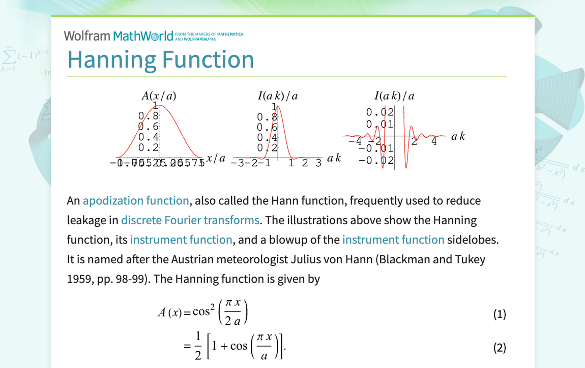 Hanning Function -- from Wolfram MathWorld