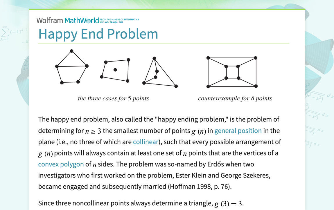 Happy End Problem -- from Wolfram MathWorld