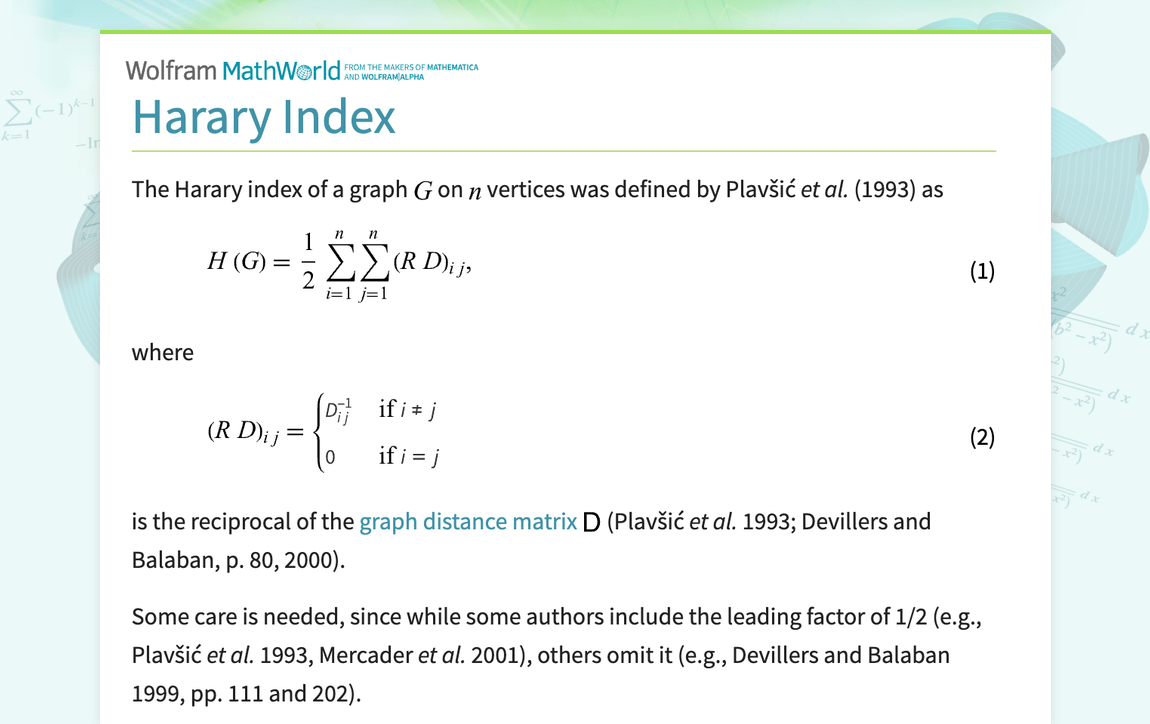Harary Index -- from Wolfram MathWorld