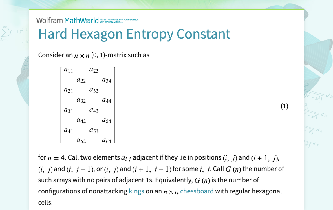 Hard Hexagon Entropy Constant -- from Wolfram MathWorld