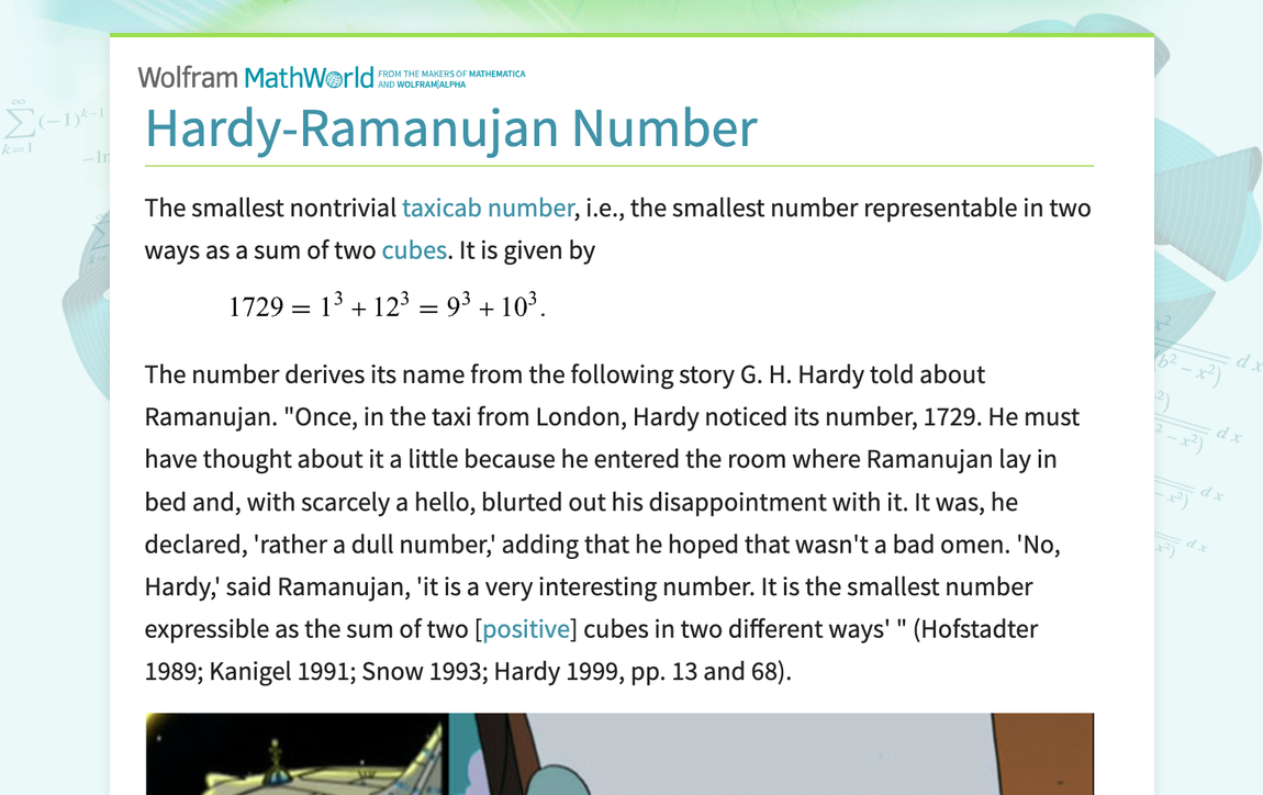 Hardy-Ramanujan Number -- from Wolfram MathWorld