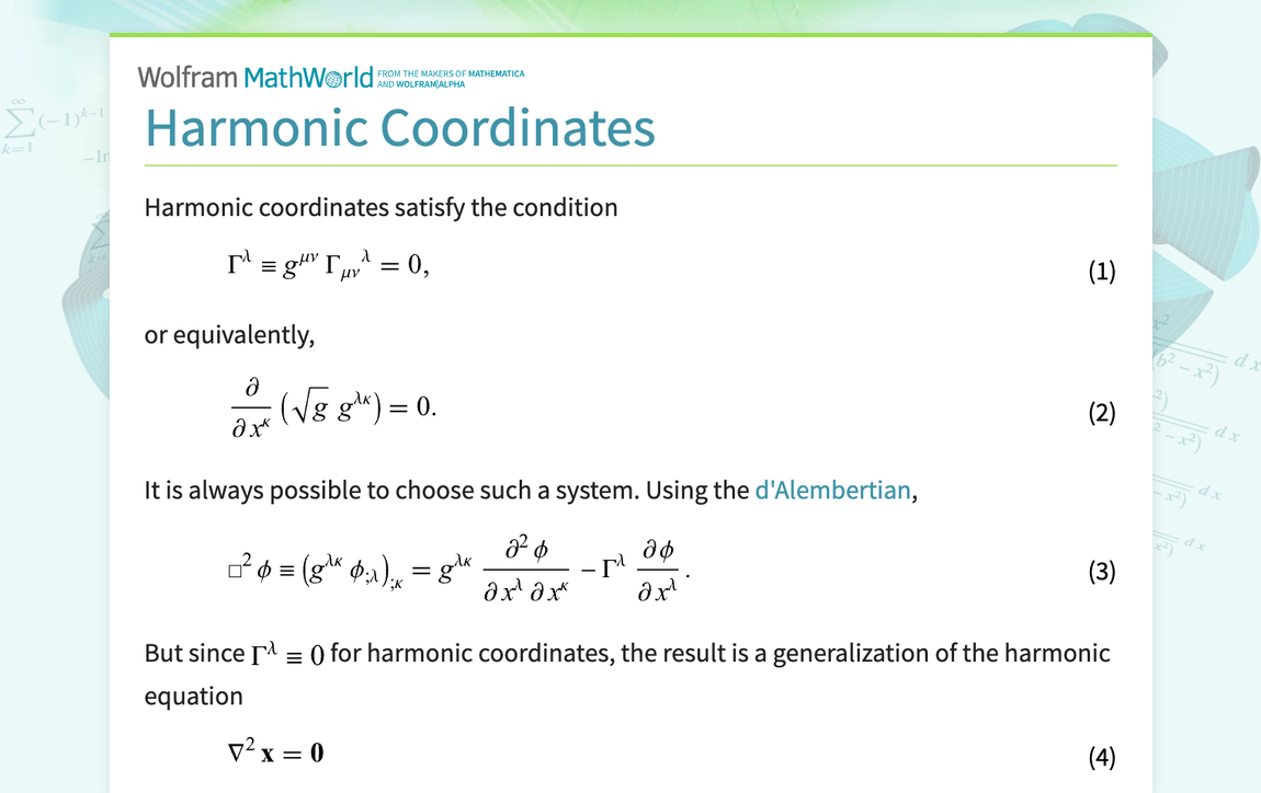 Harmonic Coordinates -- from Wolfram MathWorld