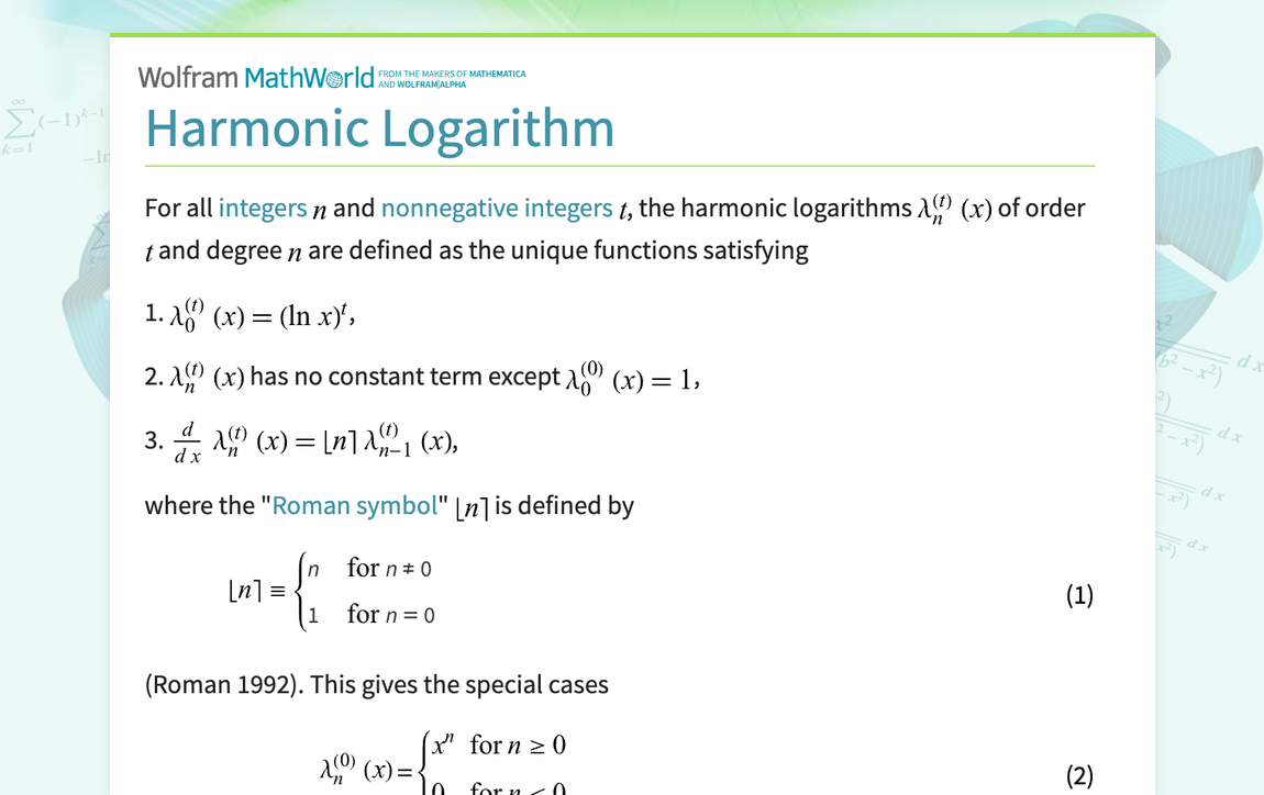 Harmonic Logarithm -- from Wolfram MathWorld