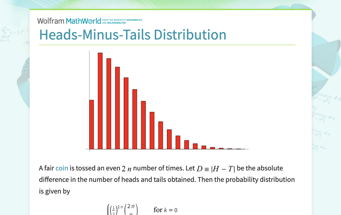 Heads-Minus-Tails Distribution -- from Wolfram MathWorld