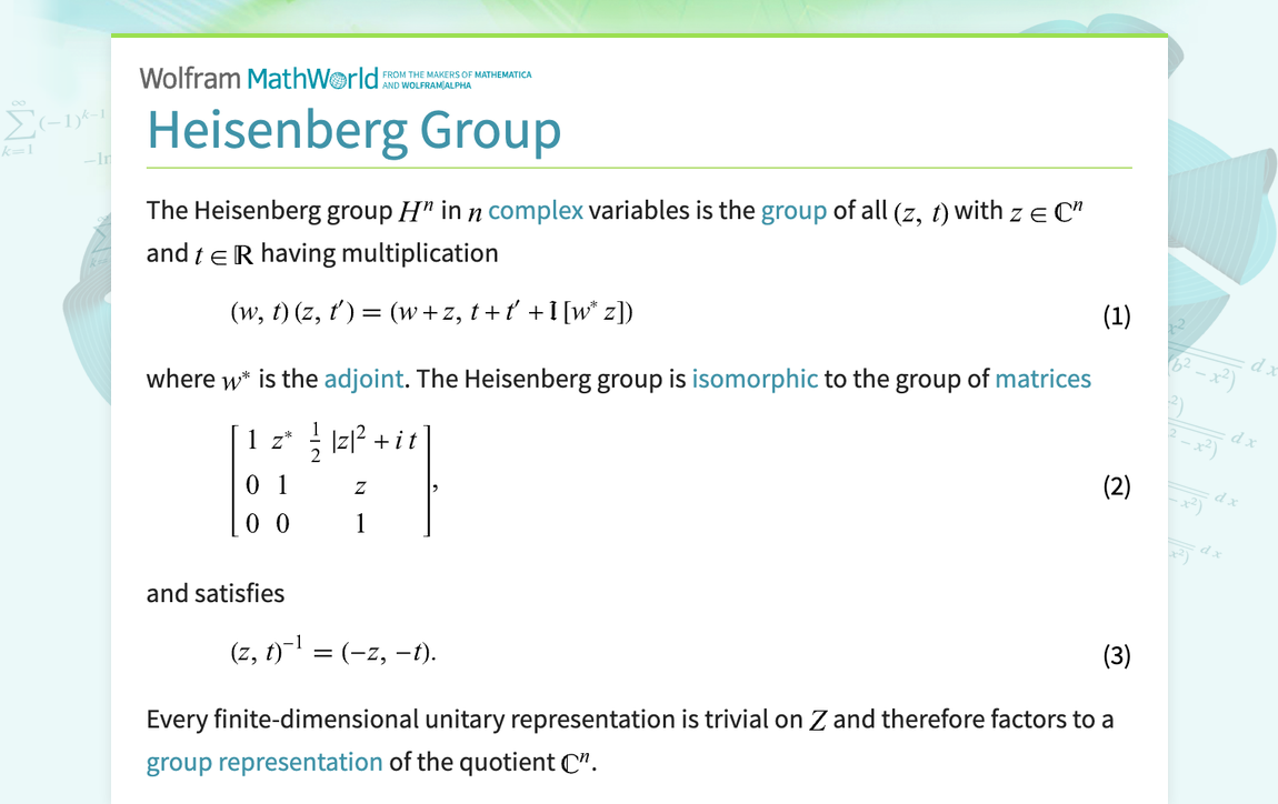 Heisenberg Group -- from Wolfram MathWorld