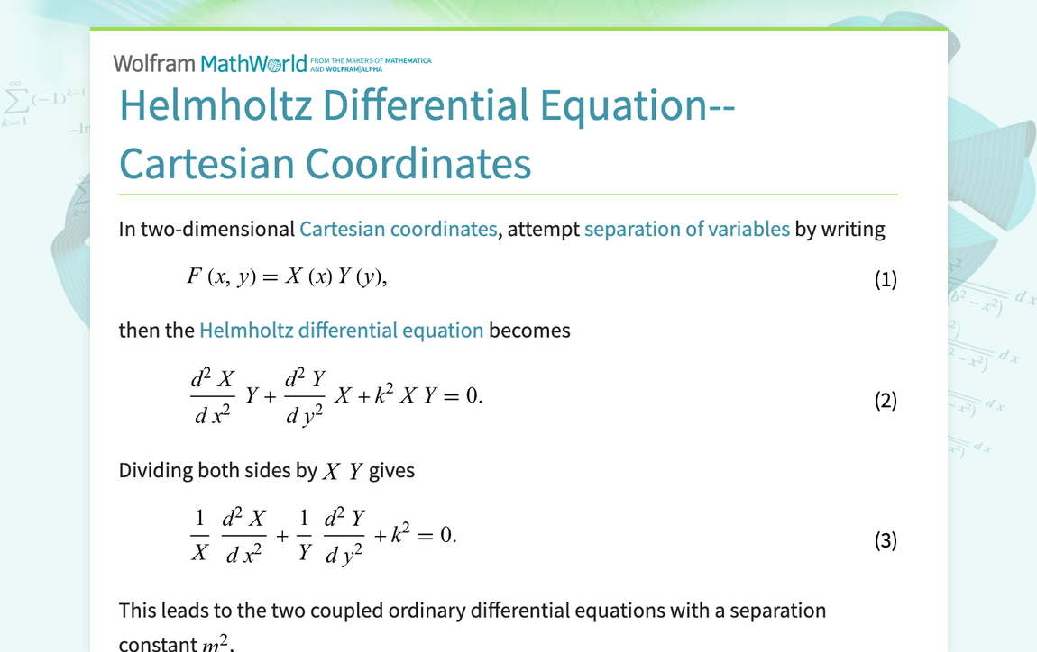 Helmholtz Differential Equation--Cartesian Coordinates -- from Wolfram ...
