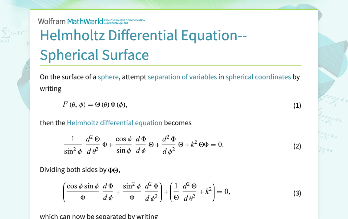 Helmholtz Differential Equation--Spherical Surface -- from Wolfram ...