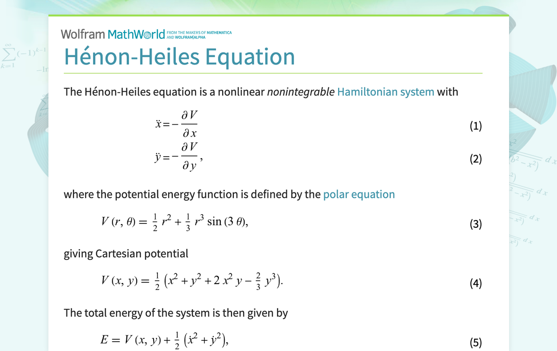 Hénon-Heiles Equation -- from Wolfram MathWorld
