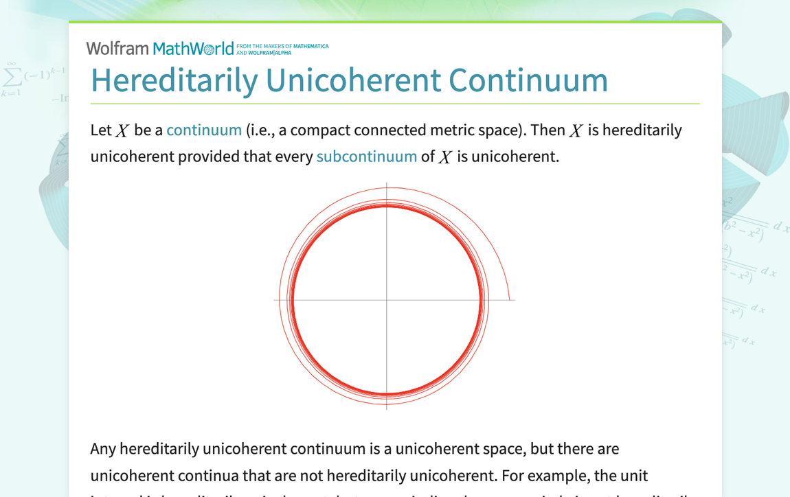 Hereditarily Unicoherent Continuum -- from Wolfram MathWorld