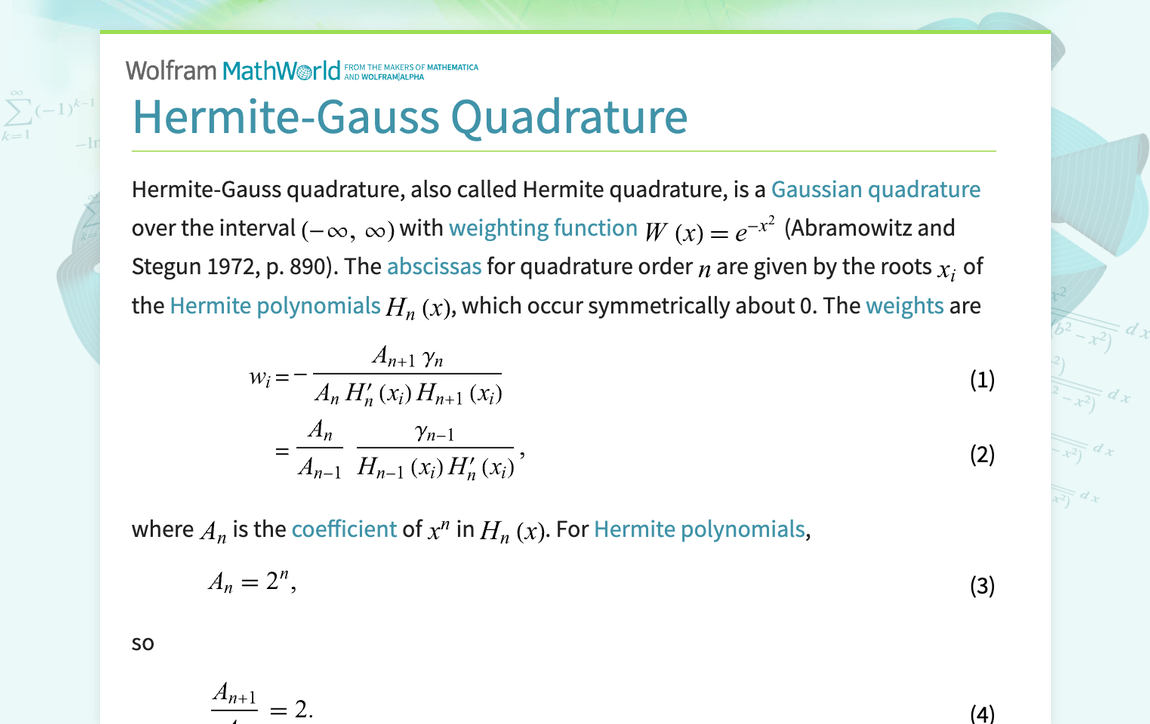 Hermite Gauss Quadrature From Wolfram Mathworld