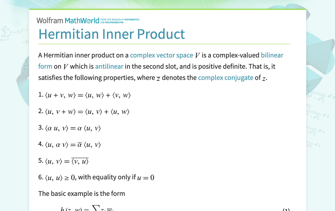 Hermitian Inner Product -- from Wolfram MathWorld