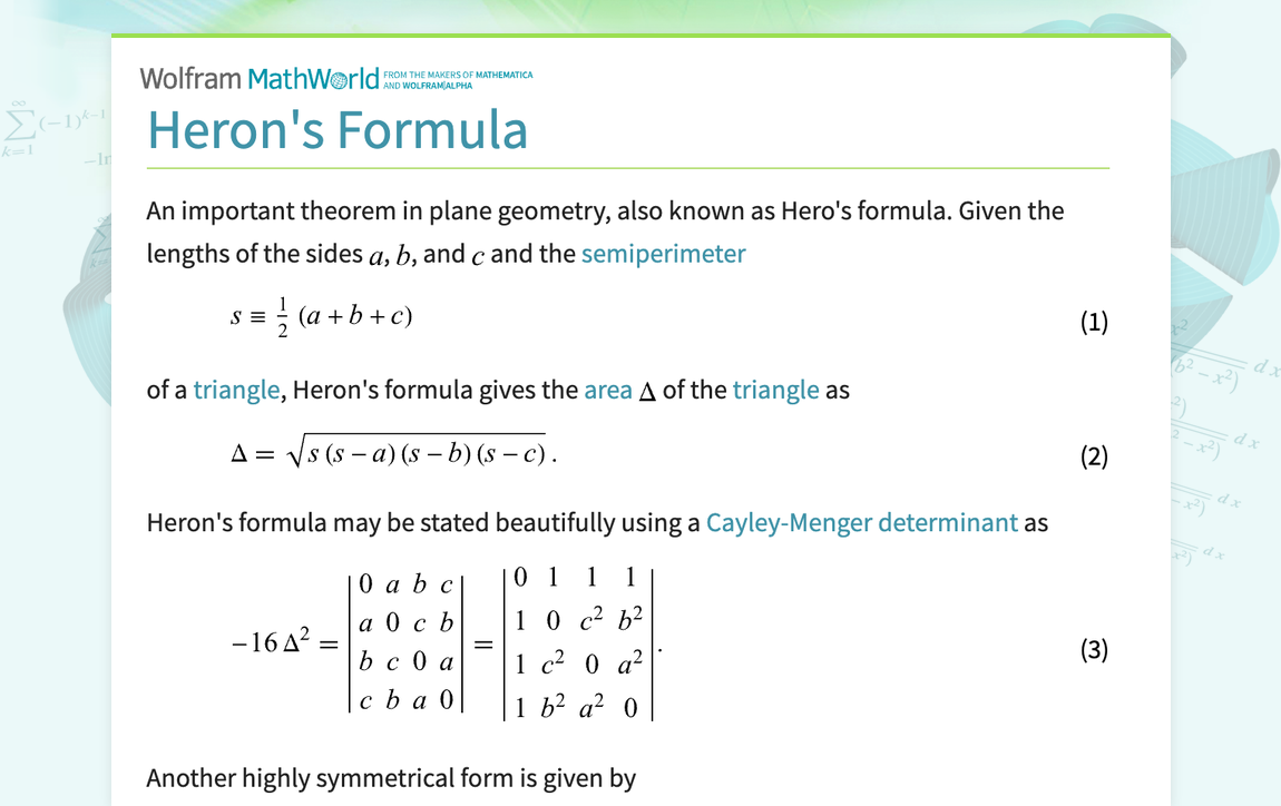 Heron's Formula -- from Wolfram MathWorld