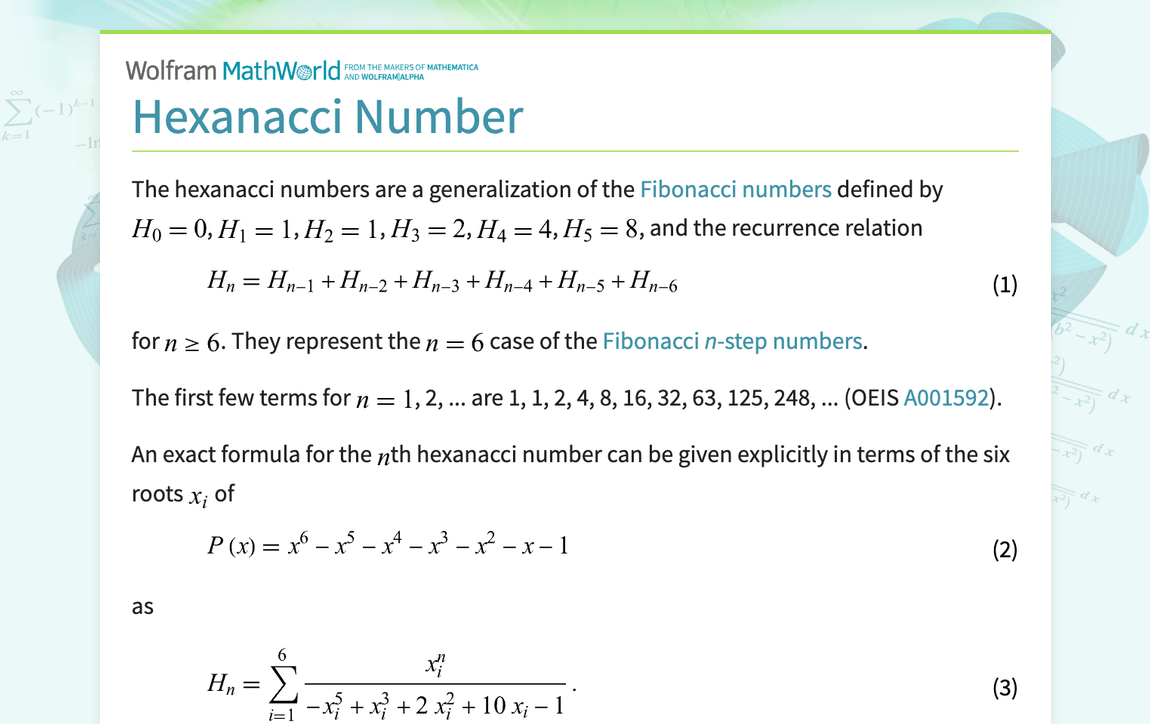 Hexanacci Number -- from Wolfram MathWorld