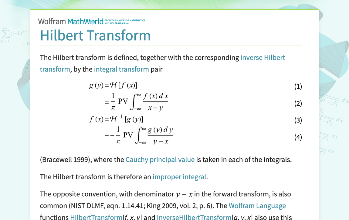 Hilbert Transform From Wolfram MathWorld Hilbert Transform From Wolfram MathWorld