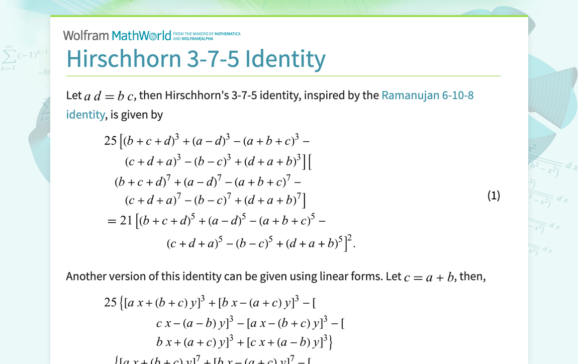 Hirschhorn 3-7-5 Identity -- from Wolfram MathWorld