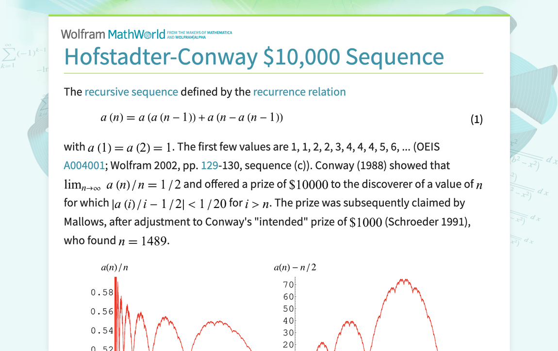 Hofstadter-Conway $10,000 Sequence -- from Wolfram MathWorld
