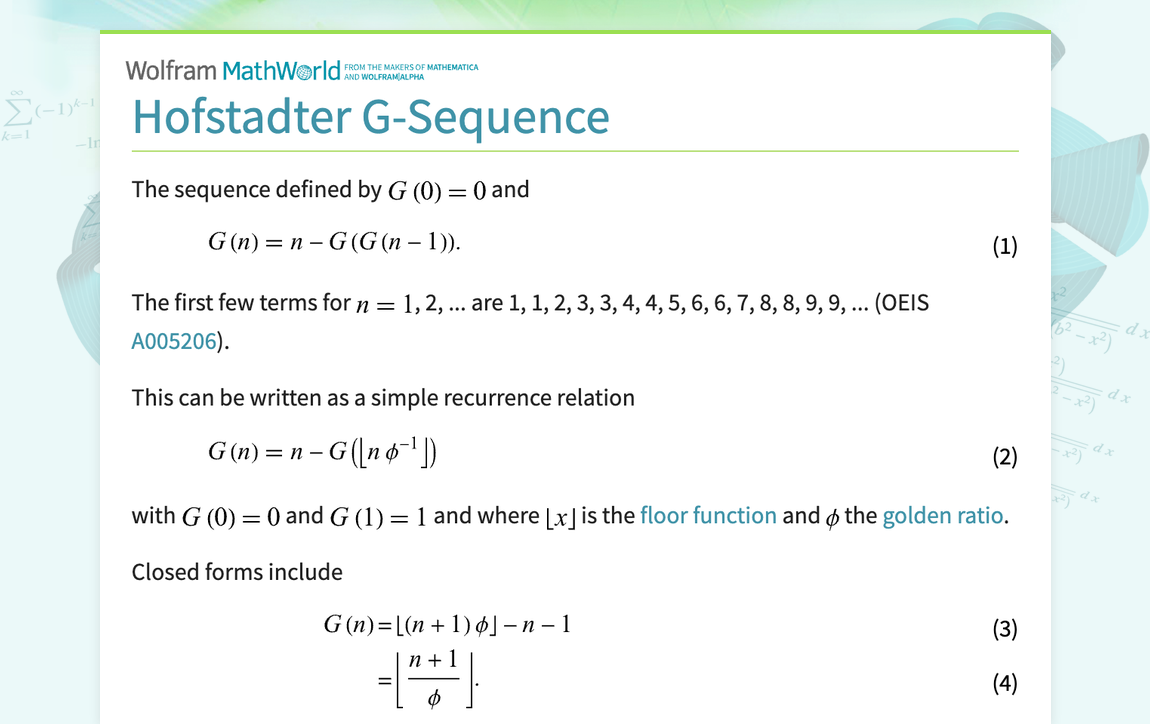 Hofstadter G-Sequence -- from Wolfram MathWorld