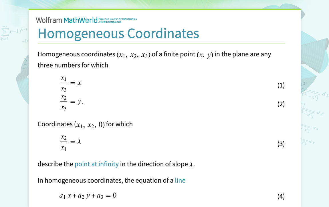 Homogeneous Coordinates -- from Wolfram MathWorld
