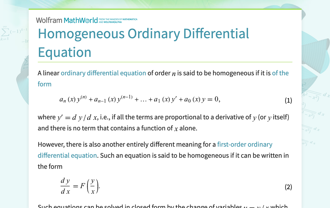Homogeneous Ordinary Differential Equation -- from Wolfram MathWorld