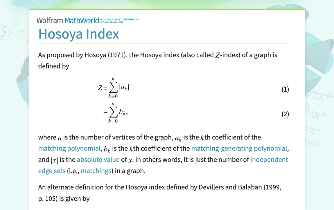 Hosoya Index -- from Wolfram MathWorld