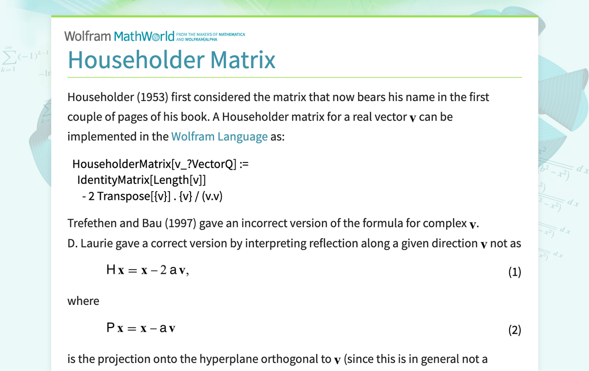 Householder Matrix -- from Wolfram MathWorld