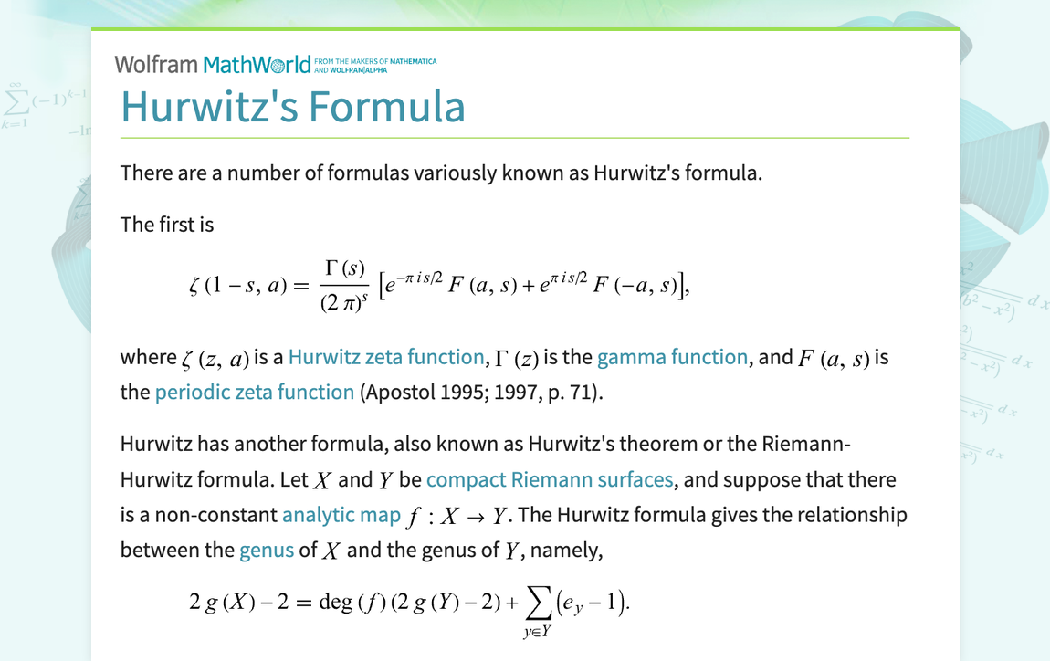 Hurwitzs Formula From Wolfram Mathworld