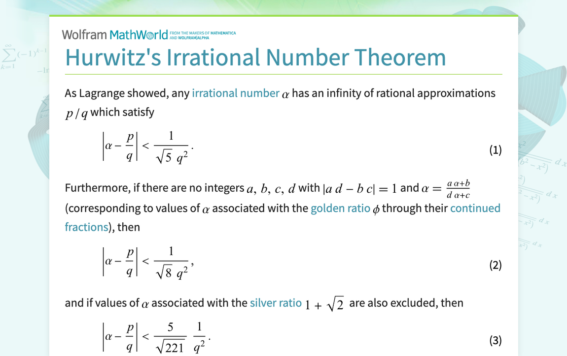 Hurwitz's Irrational Number Theorem -- from Wolfram MathWorld