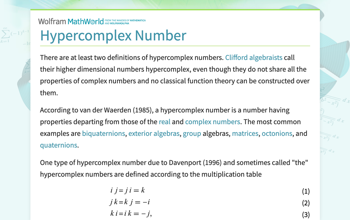 Hypercomplex Number -- from Wolfram MathWorld