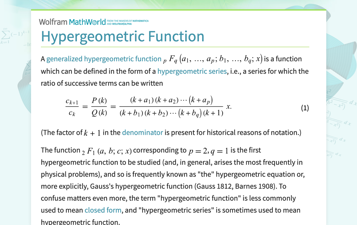 Hypergeometric Function From Wolfram Mathworld