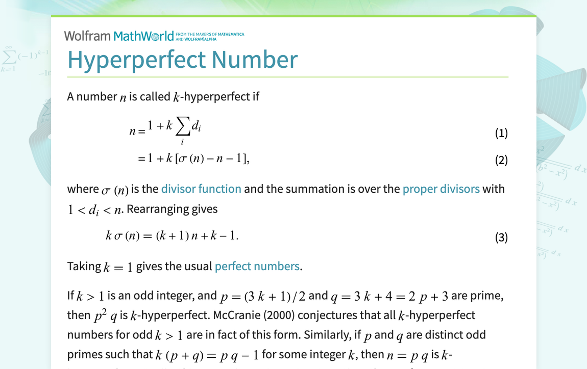 Hyperperfect Number -- from Wolfram MathWorld
