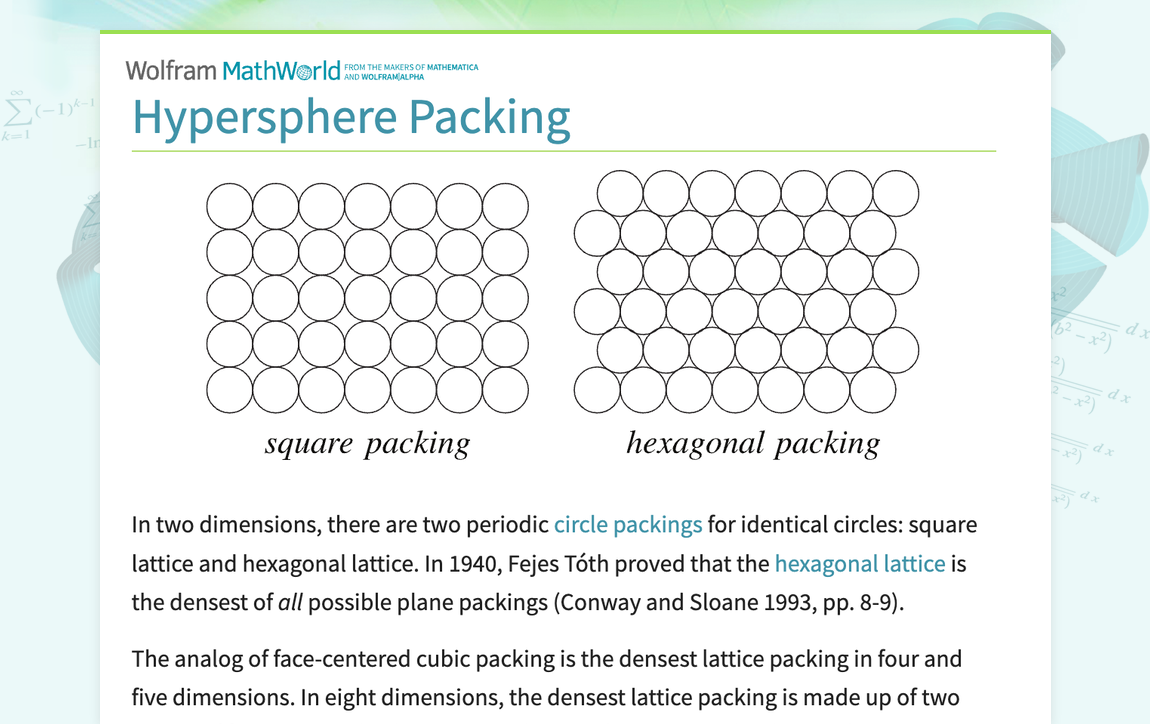 Hypersphere Packing -- from Wolfram MathWorld