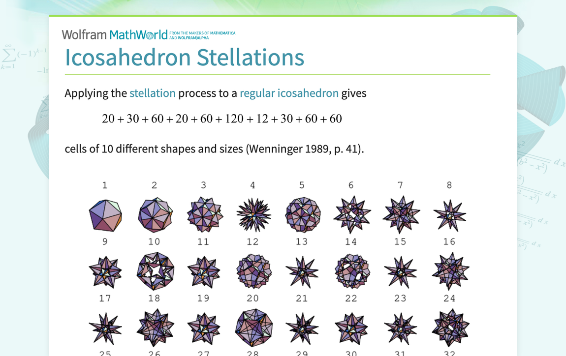 Icosahedron Stellations -- from Wolfram MathWorld