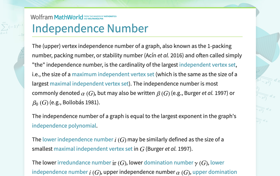 Independence Number -- from Wolfram MathWorld