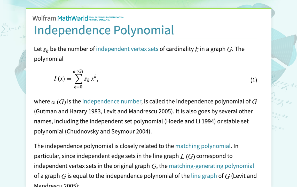 Independence Polynomial -- from Wolfram MathWorld