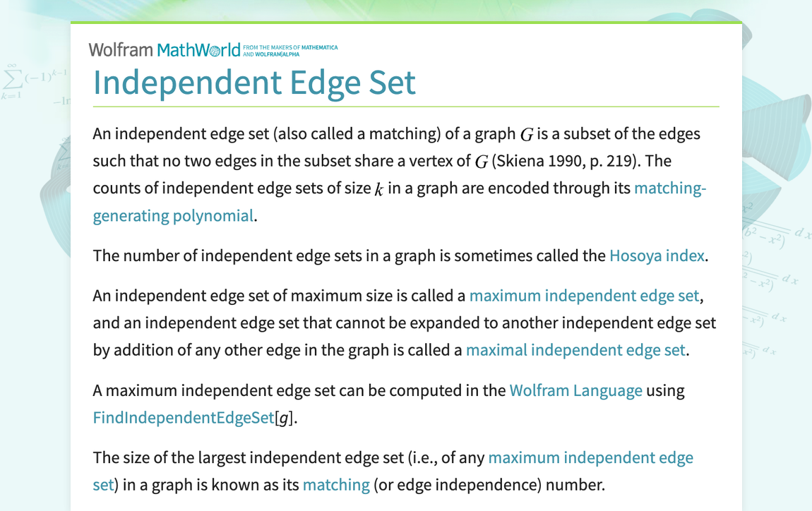Independent Edge Set -- from Wolfram MathWorld
