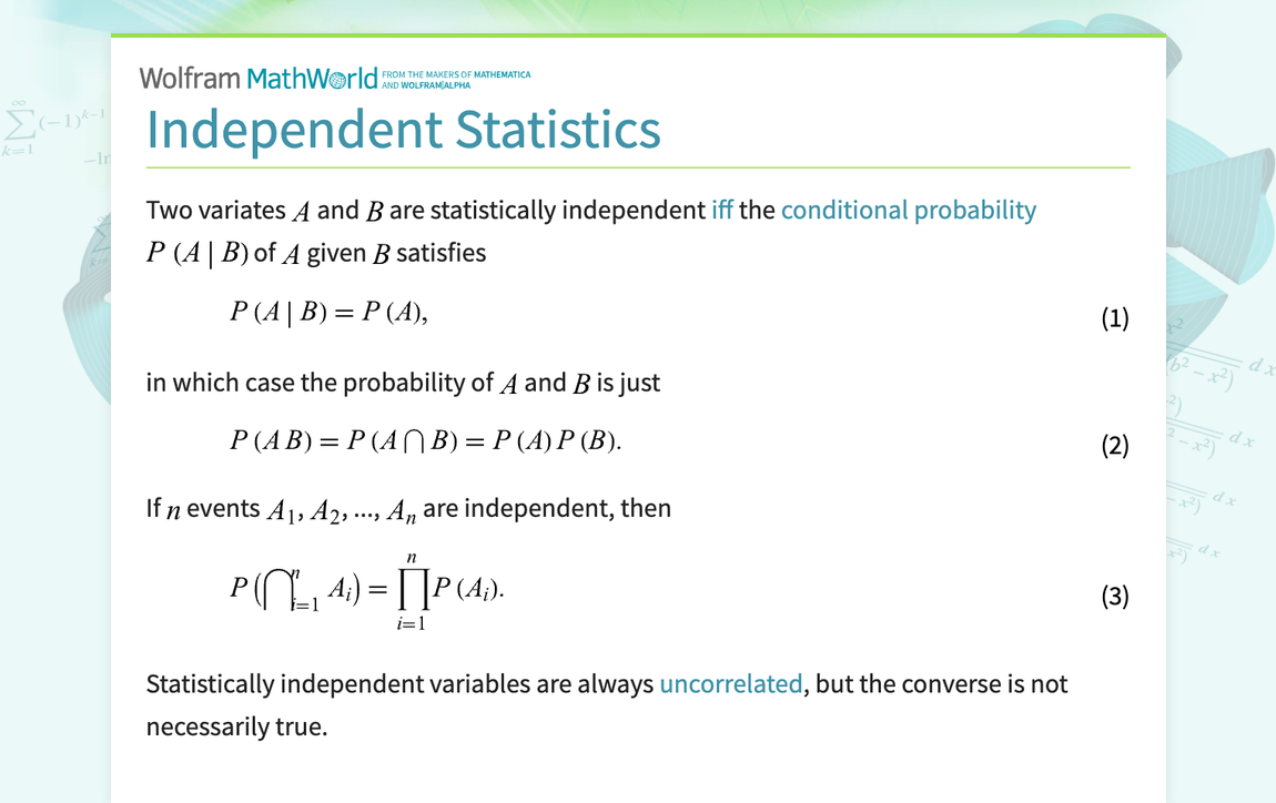 Independent Statistics -- from Wolfram MathWorld