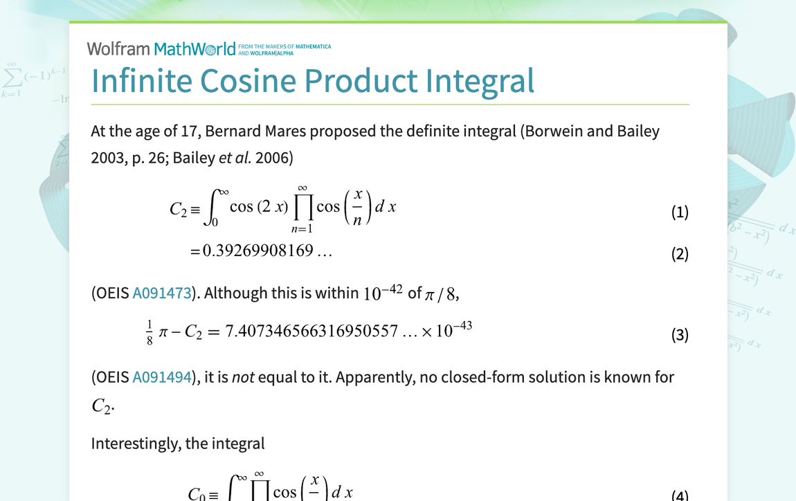 Infinite Cosine Product Integral -- from Wolfram MathWorld