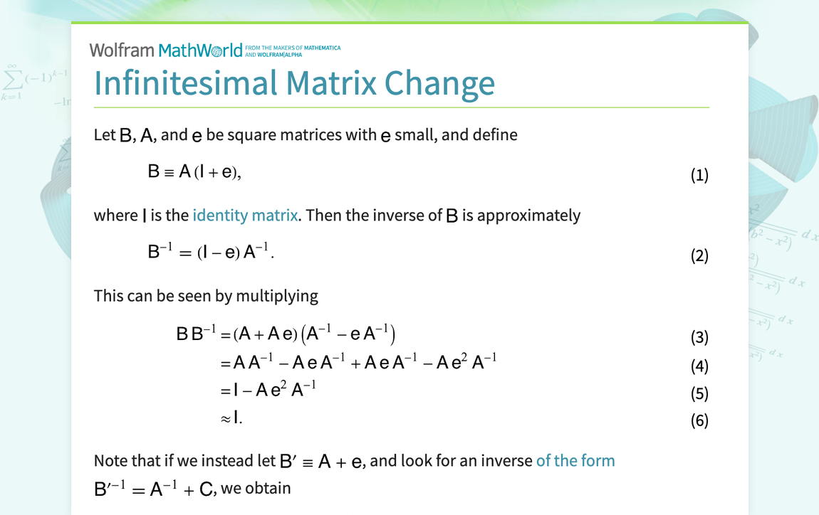 Infinitesimal Matrix Change -- from Wolfram MathWorld